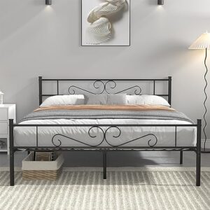 vecelo queen size bed frame with headboard, 14 inch metal platform mattress foundation, no boxing spring needed, squeak resistant, easy assembly, black