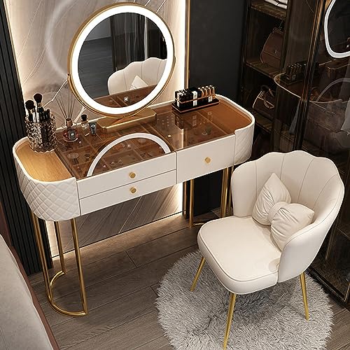 Bedroom Vanity Vanity Table with 3-Color Adjustable Touch Light, Large Vanity Table Set,Vanity Makeup Desk with Tempered Glass Desktop, for Women Girls (Size : 120cm-white)