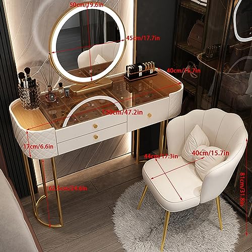 Bedroom Vanity Vanity Table with 3-Color Adjustable Touch Light, Large Vanity Table Set,Vanity Makeup Desk with Tempered Glass Desktop, for Women Girls (Size : 120cm-white)