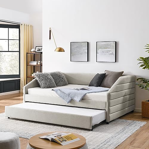 Eafurn Upholstered Daybed with Twin Size Trundle Bed and Wooden Slatted, Modern Linen Upholstered Full Size Day Bed Tufted SofaDaybed Frame and A Trundle, No Box Spring Needed, Furniture for Bedroom