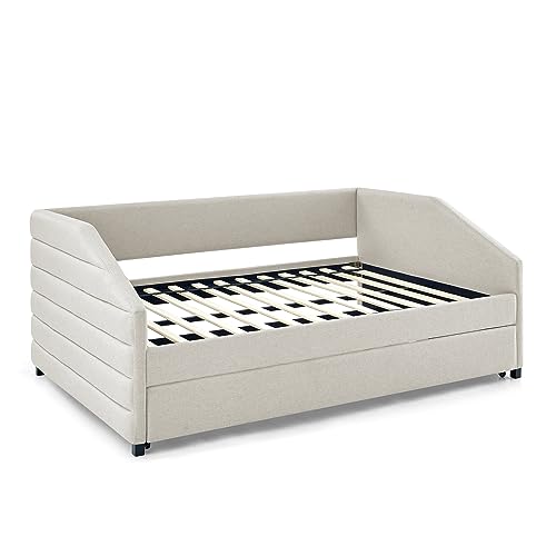 Eafurn Upholstered Daybed with Twin Size Trundle Bed and Wooden Slatted, Modern Linen Upholstered Full Size Day Bed Tufted SofaDaybed Frame and A Trundle, No Box Spring Needed, Furniture for Bedroom