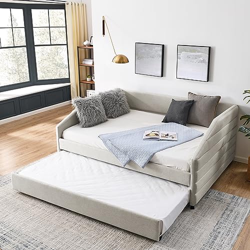 Eafurn Upholstered Daybed with Twin Size Trundle Bed and Wooden Slatted, Modern Linen Upholstered Full Size Day Bed Tufted SofaDaybed Frame and A Trundle, No Box Spring Needed, Furniture for Bedroom