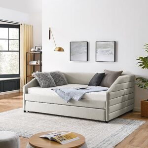 Eafurn Upholstered Daybed with Twin Size Trundle Bed and Wooden Slatted, Modern Linen Upholstered Full Size Day Bed Tufted SofaDaybed Frame and A Trundle, No Box Spring Needed, Furniture for Bedroom