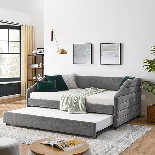 Eafurn Upholstered Daybed with Twin Size Trundle Bed and Wooden Slatted, Modern Linen Upholstered Full Size Day Bed Tufted SofaDaybed Frame and A Trundle, No Box Spring Needed, Furniture for Bedroom