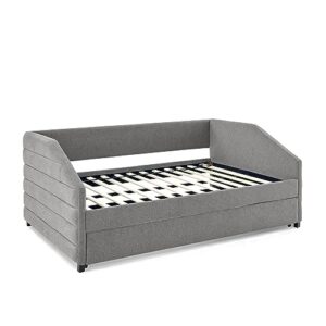 Eafurn Upholstered Daybed with Twin Size Trundle Bed and Wooden Slatted, Modern Linen Upholstered Full Size Day Bed Tufted SofaDaybed Frame and A Trundle, No Box Spring Needed, Furniture for Bedroom