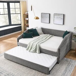 Eafurn Upholstered Daybed with Twin Size Trundle Bed and Wooden Slatted, Modern Linen Upholstered Full Size Day Bed Tufted SofaDaybed Frame and A Trundle, No Box Spring Needed, Furniture for Bedroom