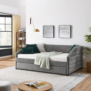 Eafurn Upholstered Daybed with Twin Size Trundle Bed and Wooden Slatted, Modern Linen Upholstered Full Size Day Bed Tufted SofaDaybed Frame and A Trundle, No Box Spring Needed, Furniture for Bedroom