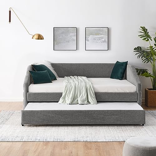 Eafurn Upholstered Daybed with Twin Size Trundle Bed and Wooden Slatted, Modern Linen Upholstered Full Size Day Bed Tufted SofaDaybed Frame and A Trundle, No Box Spring Needed, Furniture for Bedroom