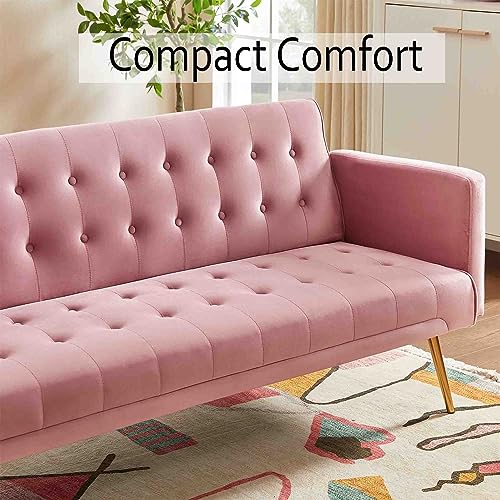 RIDFY 70” Modern Velvet Futon Sofa Bed, Convertible Sleeper Couch with Metal Legs/Armrests, Folding Upholstered Loveseat, 3 Adjustable, Memory Foam Living Seat, Recliner Sofa (Pink)