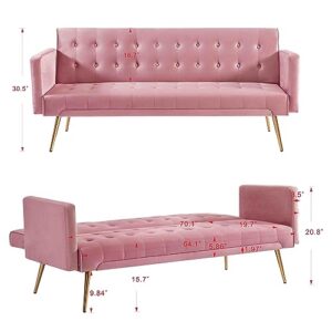 RIDFY 70” Modern Velvet Futon Sofa Bed, Convertible Sleeper Couch with Metal Legs/Armrests, Folding Upholstered Loveseat, 3 Adjustable, Memory Foam Living Seat, Recliner Sofa (Pink)