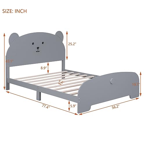 Quarte Cute Full Size Platform Bed with Bear-Shaped Headboard and Footboard, Wooden Bed Frame for Bedroom,No Box Spring Required (Gray/Bear*W)