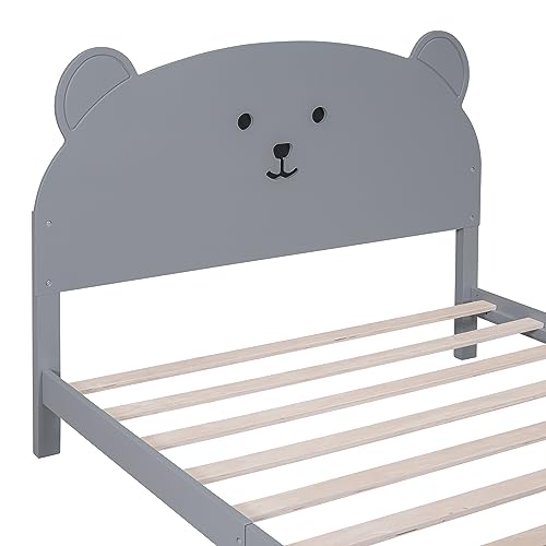 Quarte Cute Full Size Platform Bed with Bear-Shaped Headboard and Footboard, Wooden Bed Frame for Bedroom,No Box Spring Required (Gray/Bear*W)