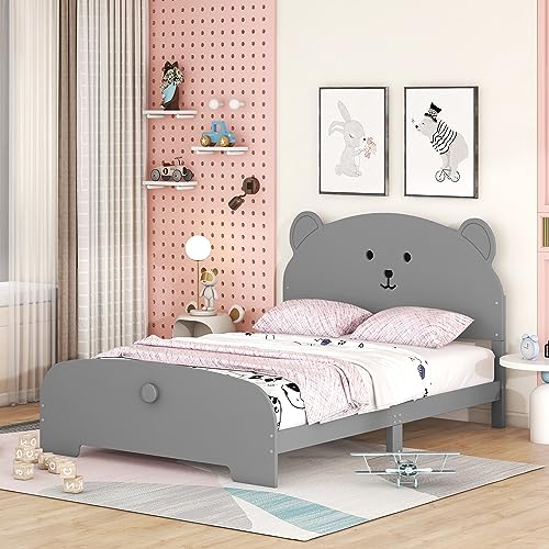 Quarte Cute Full Size Platform Bed with Bear-Shaped Headboard and Footboard, Wooden Bed Frame for Bedroom,No Box Spring Required (Gray/Bear*W)