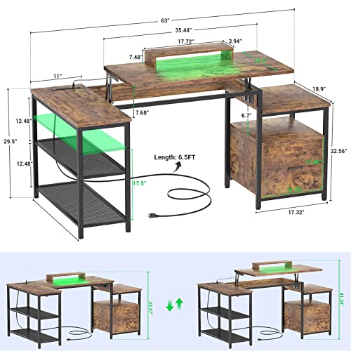 Aheaplus L Shaped Desk with Power Outlet, Standing Home Office Desk with Lift Top and File Drawer, 63'' Reversible Corner Computer Desk with Monitor Stand, Gaming Desk with Led Lights, Rustic Brown