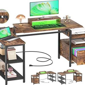 Aheaplus L Shaped Desk with Power Outlet, Standing Home Office Desk with Lift Top and File Drawer, 63'' Reversible Corner Computer Desk with Monitor Stand, Gaming Desk with Led Lights, Rustic Brown