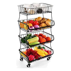 loyaltaling utility cart, kitchen storage cart fruit vegetable storage basket for kitchen 4 tier stackable metal wire baskets cart with rolling wheels utility fruits rack produce snack organizer bins