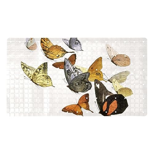 Non Slip Bathtub Mats with Suction Cups, Bath Tub Shower Mat for Bathroom, Machine Washable Bathroom Mats with Drain Holes(Flying Butterflies Illustration)