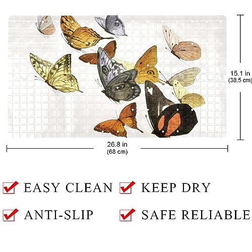 Non Slip Bathtub Mats with Suction Cups, Bath Tub Shower Mat for Bathroom, Machine Washable Bathroom Mats with Drain Holes(Flying Butterflies Illustration)