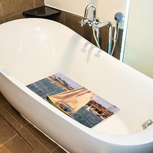 Non Slip Bathtub Mats with Suction Cups, Bath Tub Shower Mat for Bathroom, Machine Washable Bathroom Mats with Drain Holes(Oil Painting Sailboat)