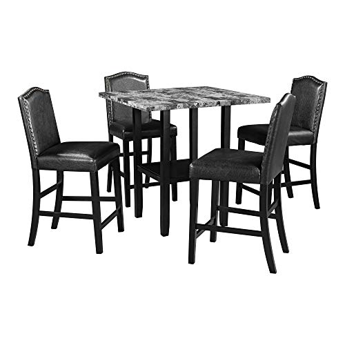 Counter Height Dining Table Set with Storage Shelf 5 Piece Bar Height Faux Marble Table and Chairs Dinning Room Breakfast Table Set Pub Table and Chairs Set of 4, Black Chair+Gray Table