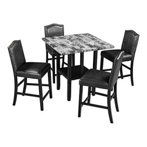 Counter Height Dining Table Set with Storage Shelf 5 Piece Bar Height Faux Marble Table and Chairs Dinning Room Breakfast Table Set Pub Table and Chairs Set of 4, Black Chair+Gray Table