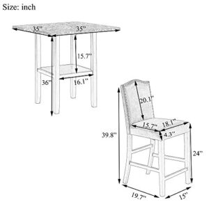 Counter Height Dining Table Set with Storage Shelf 5 Piece Bar Height Faux Marble Table and Chairs Dinning Room Breakfast Table Set Pub Table and Chairs Set of 4, Black Chair+Gray Table