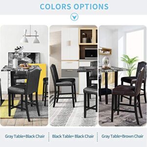 Counter Height Dining Table Set with Storage Shelf 5 Piece Bar Height Faux Marble Table and Chairs Dinning Room Breakfast Table Set Pub Table and Chairs Set of 4, Black Chair+Gray Table