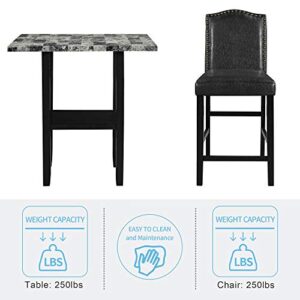 Counter Height Dining Table Set with Storage Shelf 5 Piece Bar Height Faux Marble Table and Chairs Dinning Room Breakfast Table Set Pub Table and Chairs Set of 4, Black Chair+Gray Table