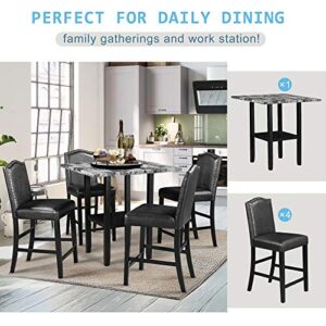 Counter Height Dining Table Set with Storage Shelf 5 Piece Bar Height Faux Marble Table and Chairs Dinning Room Breakfast Table Set Pub Table and Chairs Set of 4, Black Chair+Gray Table