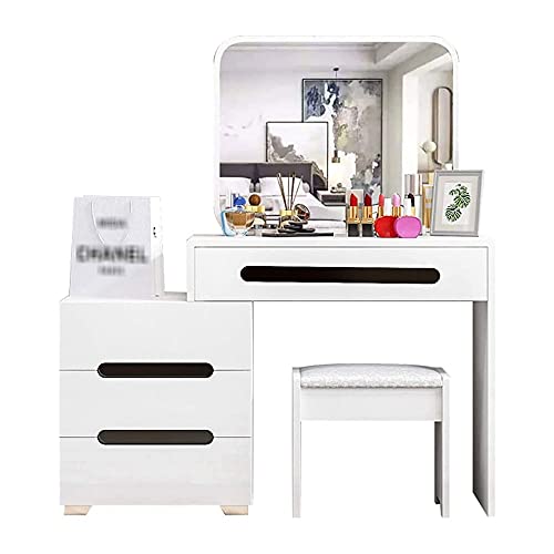 LEONYS Makeup Vanity Table, Vanity Set with Mirror & Sturdy Stool, Dressing Table, 4 Drawers & Bedside Table for Ample Storage (Size : 9OCM)