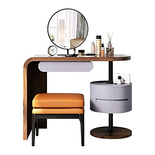 LEONYS Vanity Desk Sets with Mirror and Bench Dressing Table with Cushion Stool for Bedroom, Small Makeup Vanity Set with 2 Organizer Drawers