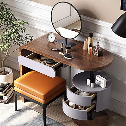 LEONYS Vanity Desk Sets with Mirror and Bench Dressing Table with Cushion Stool for Bedroom, Small Makeup Vanity Set with 2 Organizer Drawers