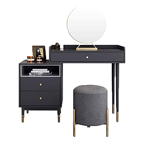 LEONYS Vanity Makeup Set with 3 Drawers, Dressing Table with Mirror and Cushioned Stool, Makeup Desk, Solid Wood Legs