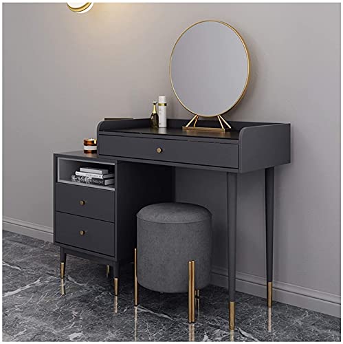 LEONYS Vanity Makeup Set with 3 Drawers, Dressing Table with Mirror and Cushioned Stool, Makeup Desk, Solid Wood Legs