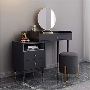 LEONYS Vanity Makeup Set with 3 Drawers, Dressing Table with Mirror and Cushioned Stool, Makeup Desk, Solid Wood Legs