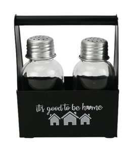 glass salt and pepper shaker set in metal holder, home