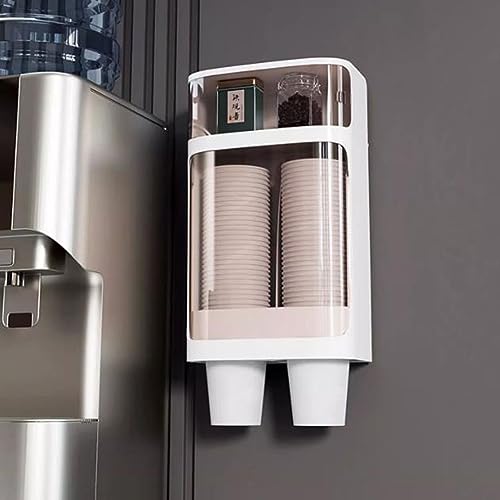 Disposable Water Cup Dispenser with Top Storage Box for Tea Bags or Coffee Capsules, Automatic Paper Cup Extractor, Fits Cone or Flat Bottom Cups,Wall Cup Holder for Bathroom Home Hospital Office Gym