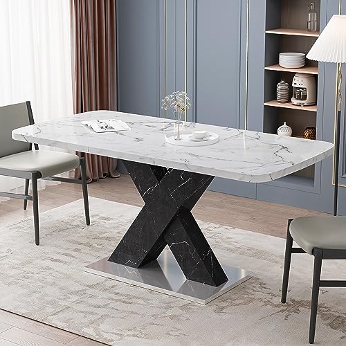 Extendable Marble Dining Table, Stretchable 47.24"-62.99" Dining Room Table with Faux Marble Top&X-Shape Leg, Expandable Marble Dining Table for Dining Kitchen and Office