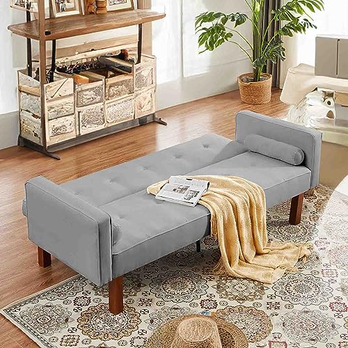 Mdhitsox 74.4 ” Modern Futon Sofa Bed, Convertible Sleeper Couch with Wood Legs/Armrests/2 Pillows, Folding Upholstered Recliner Loveseat, Memory Foam Living Seat for Apartment/Office/Dorms (Gray)