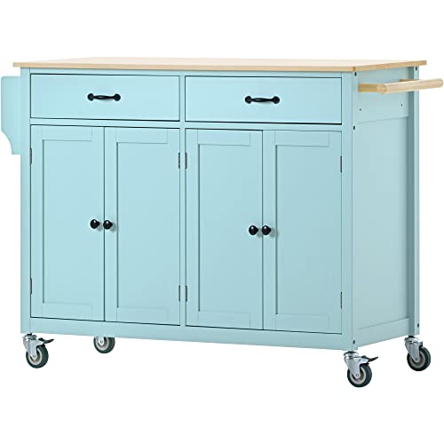 FRITHJILL Kitchen Island Cart with Solid Wood Top, Rolling Serving Cart with Locking Wheels, Utility Trolley with Spice Rack and Towel Rack (Mint Green)