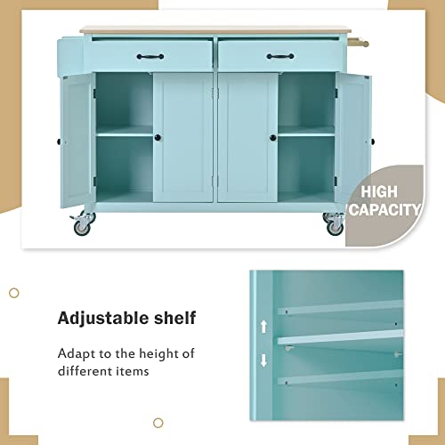 FRITHJILL Kitchen Island Cart with Solid Wood Top, Rolling Serving Cart with Locking Wheels, Utility Trolley with Spice Rack and Towel Rack (Mint Green)