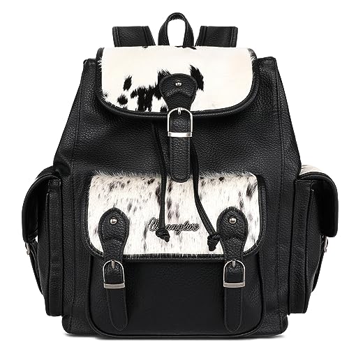 Montana West Wrangler Hair-on Cowhide Collection Backpack Western Buckled Back Pack Black WG12-9110BK