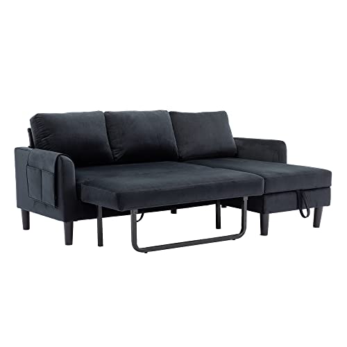 Eafurn L-Shaped Sectional Sofa w/Pull Out Bed & Storage Space,Comfy Sleeper Couch with Reversible Chaise, 3-seat Upholstered Convertible Corner Sofabed, Black Velvet 72.44"