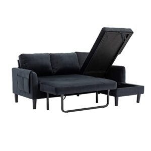 Eafurn L-Shaped Sectional Sofa w/Pull Out Bed & Storage Space,Comfy Sleeper Couch with Reversible Chaise, 3-seat Upholstered Convertible Corner Sofabed, Black Velvet 72.44"