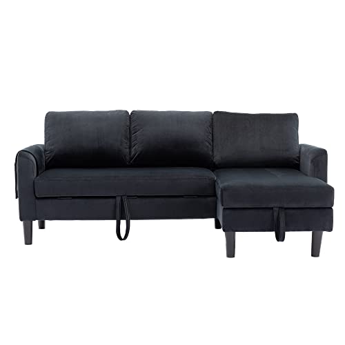 Eafurn L-Shaped Sectional Sofa w/Pull Out Bed & Storage Space,Comfy Sleeper Couch with Reversible Chaise, 3-seat Upholstered Convertible Corner Sofabed, Black Velvet 72.44"