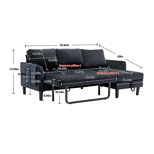 Eafurn L-Shaped Sectional Sofa w/Pull Out Bed & Storage Space,Comfy Sleeper Couch with Reversible Chaise, 3-seat Upholstered Convertible Corner Sofabed, Black Velvet 72.44"