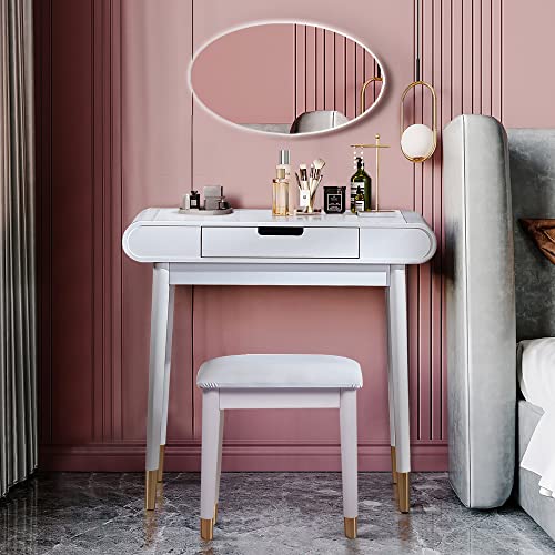 FUQIAOTEC Modern White Makeup Vanity Set, High Gloss Dressing Table with Vanity Stool and Drawer, Minimalism Bedroom Vanity Set Without Mirror, Stable and Durable Solid Wood Legs