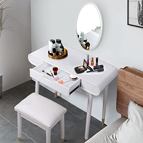 FUQIAOTEC Modern White Makeup Vanity Set, High Gloss Dressing Table with Vanity Stool and Drawer, Minimalism Bedroom Vanity Set Without Mirror, Stable and Durable Solid Wood Legs