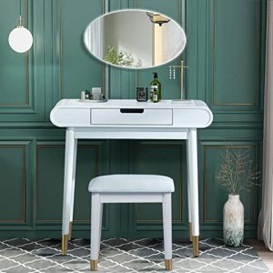 FUQIAOTEC Modern White Makeup Vanity Set, High Gloss Dressing Table with Vanity Stool and Drawer, Minimalism Bedroom Vanity Set Without Mirror, Stable and Durable Solid Wood Legs