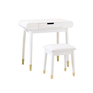 FUQIAOTEC Modern White Makeup Vanity Set, High Gloss Dressing Table with Vanity Stool and Drawer, Minimalism Bedroom Vanity Set Without Mirror, Stable and Durable Solid Wood Legs